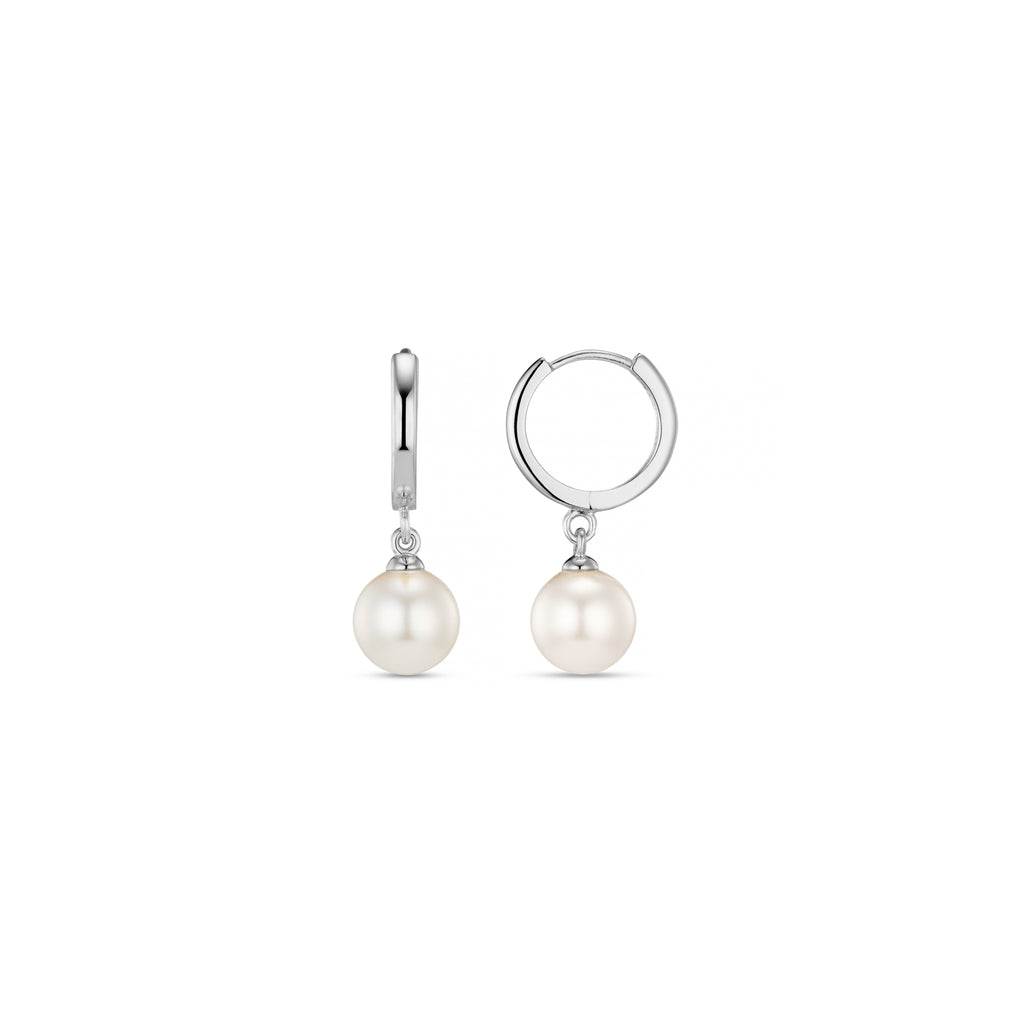 Pearl Drop Huggie Hoop Earrings - Silver